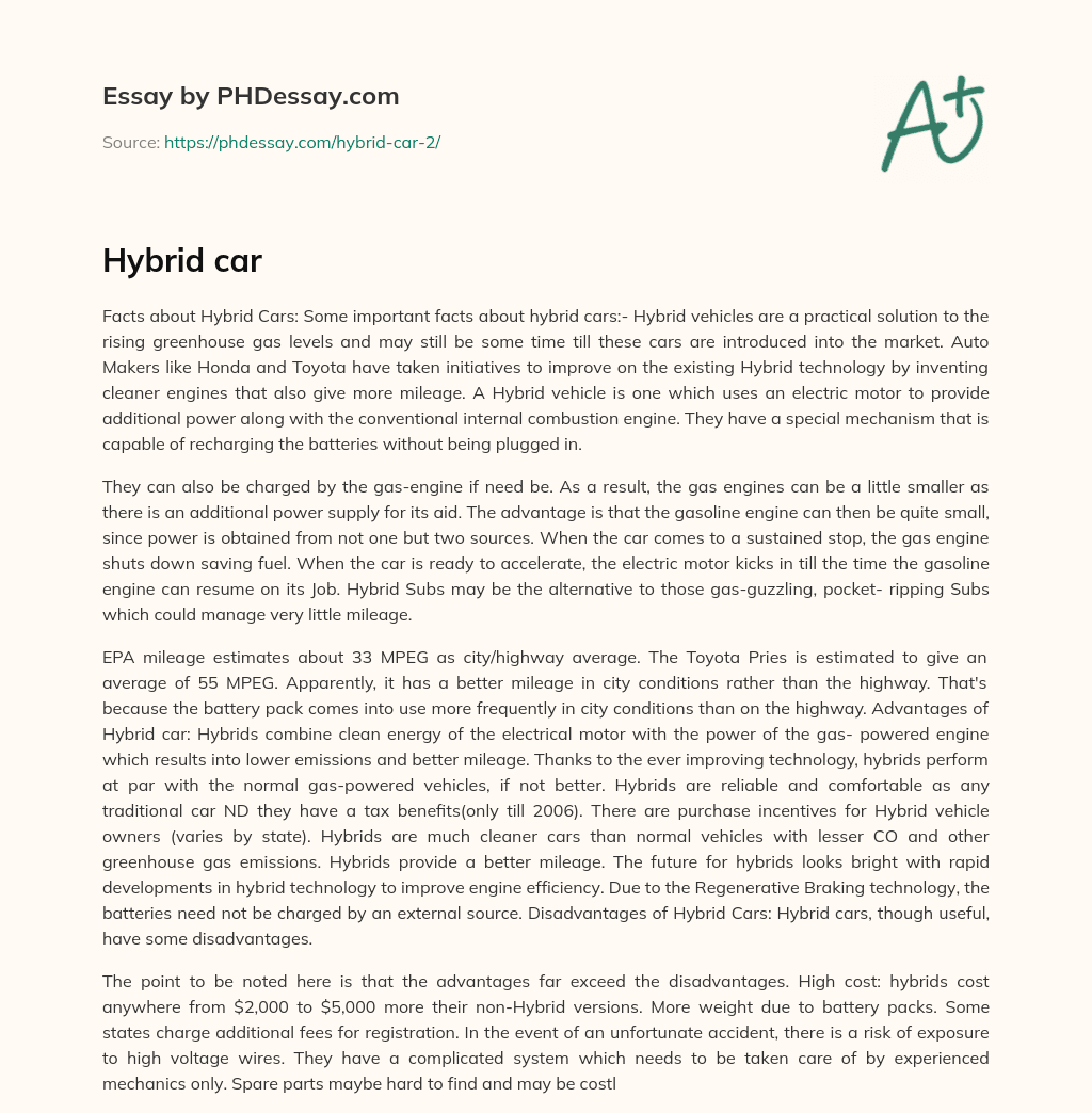 Hybrid car (600 Words) - PHDessay.com