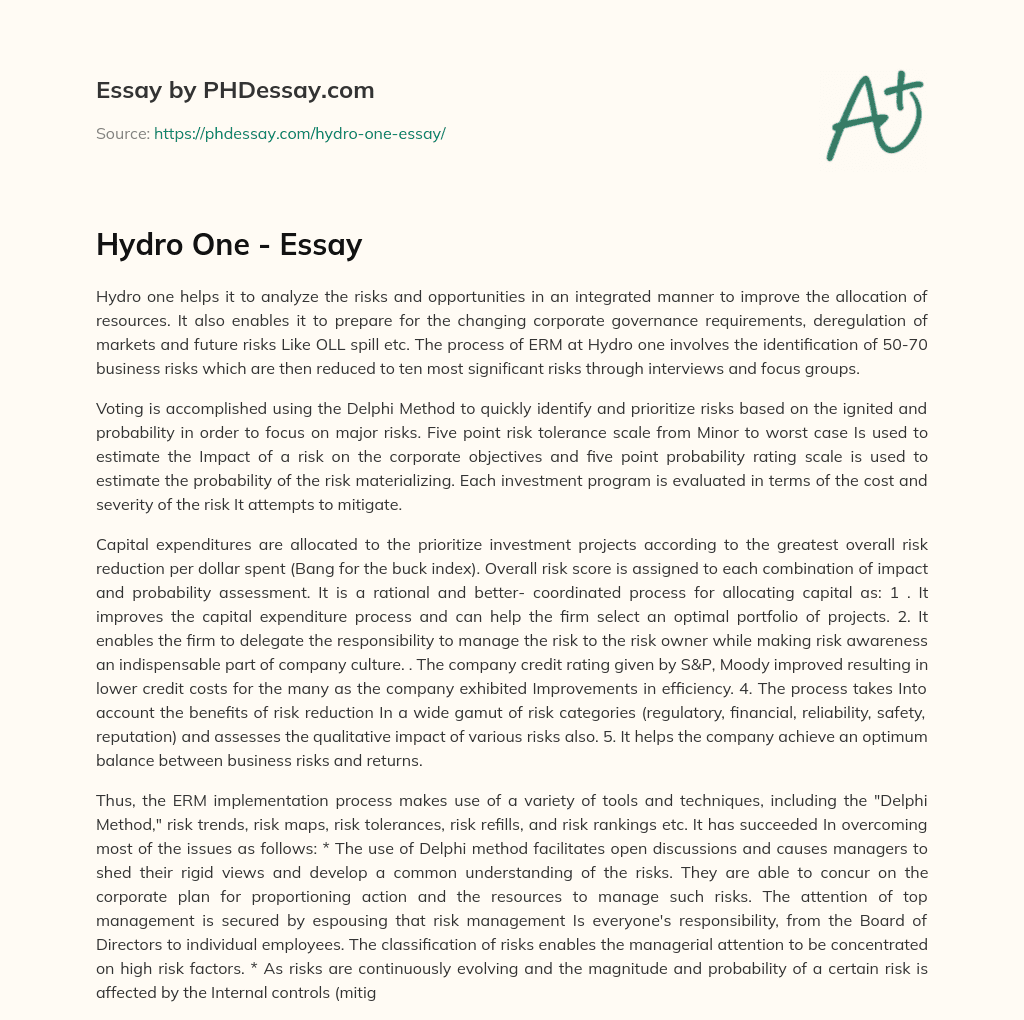 Hydro One - Essay (600 Words) - PHDessay.com