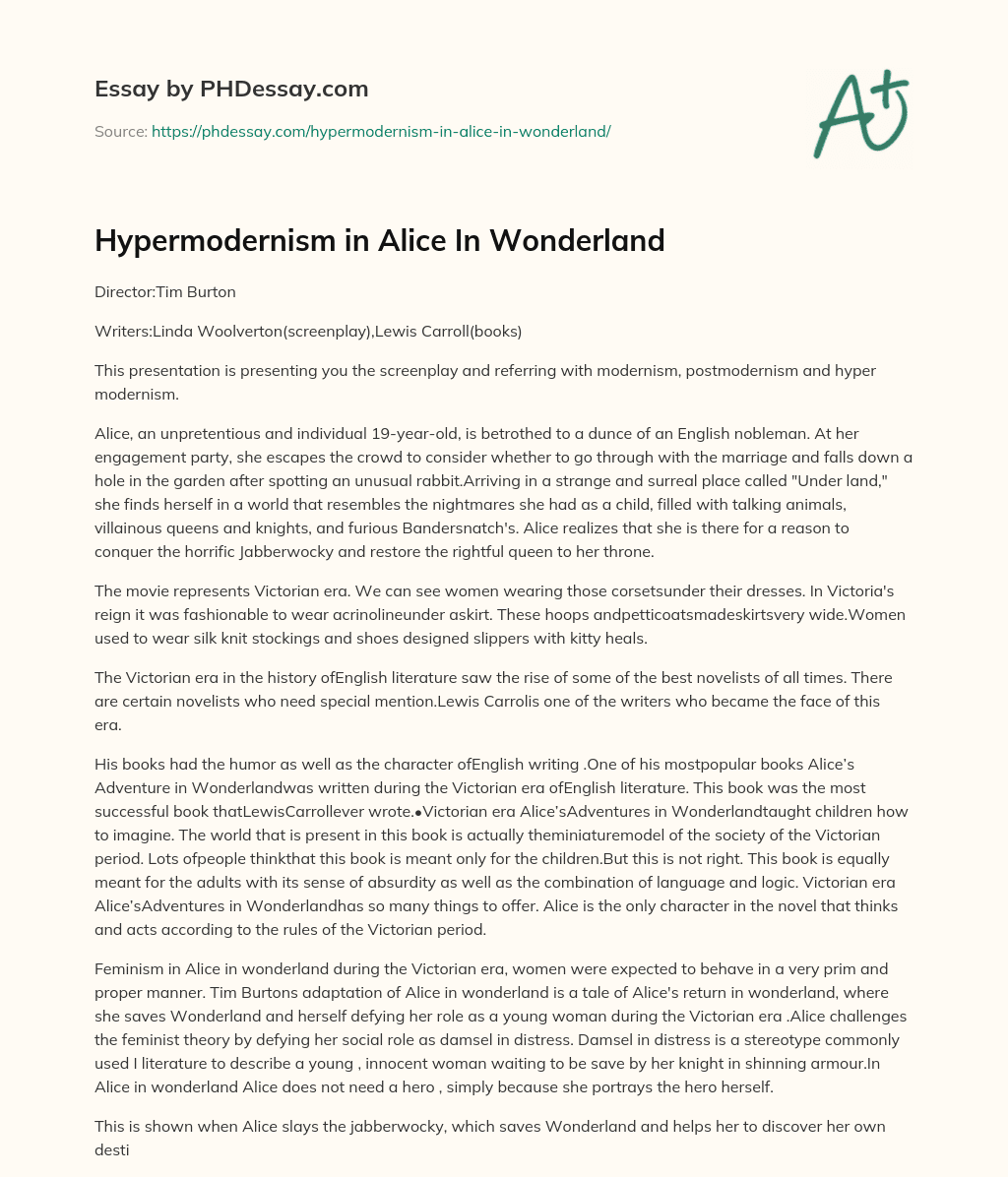 Hypermodernism in Alice In Wonderland - PHDessay.com