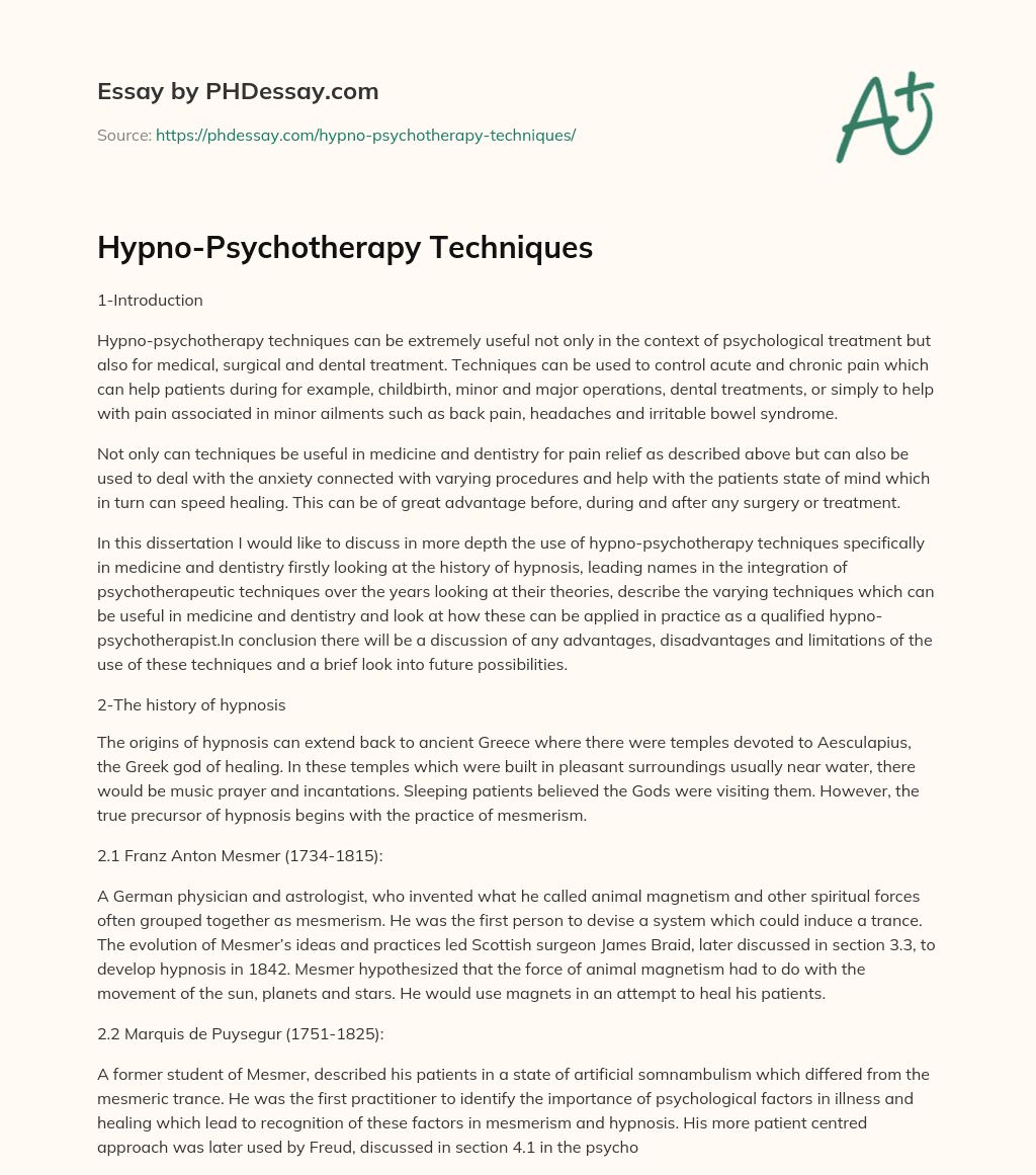 Hypno-Psychotherapy Techniques - PHDessay.com