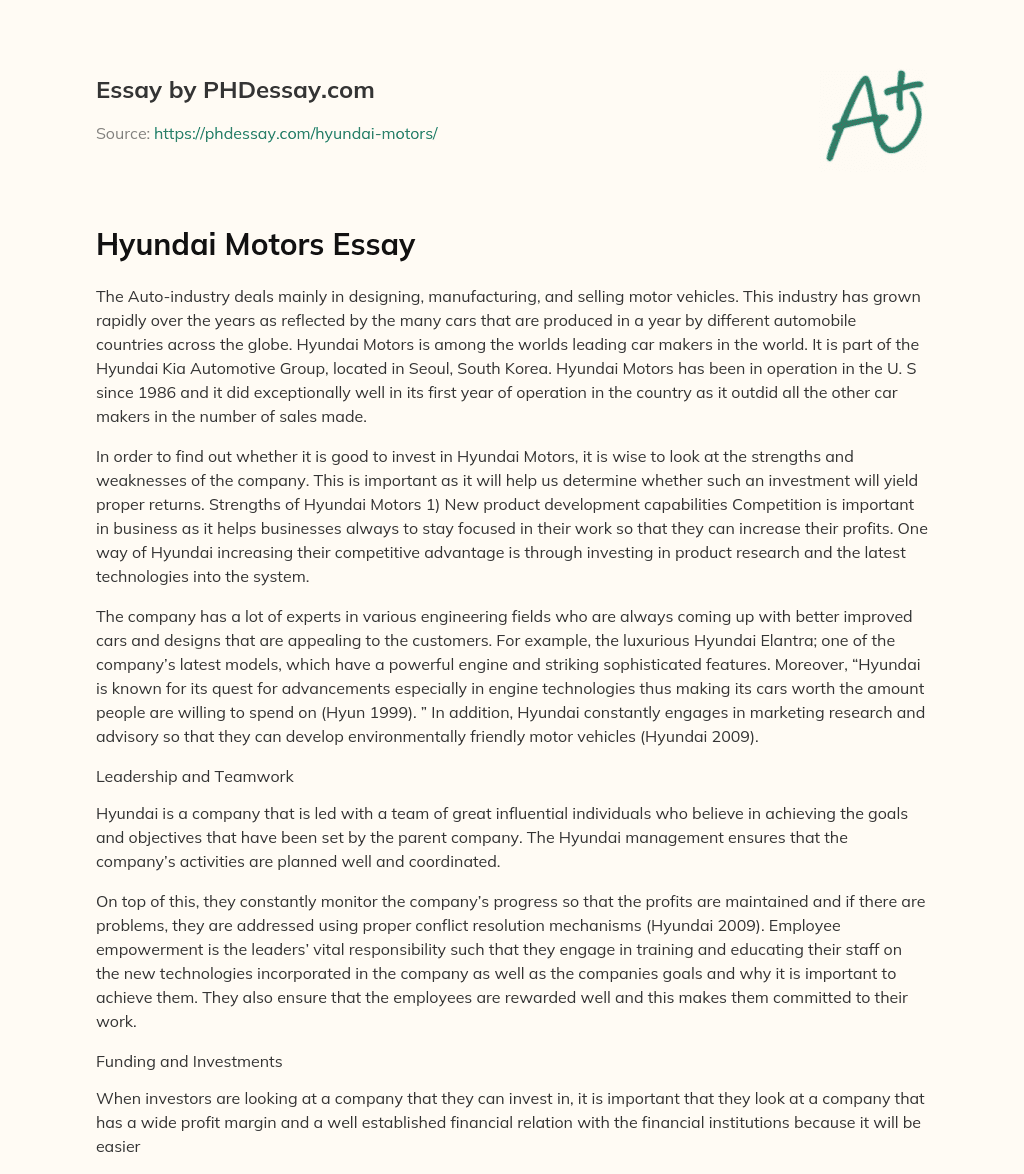 Hyundai Motors Essay - PHDessay.com
