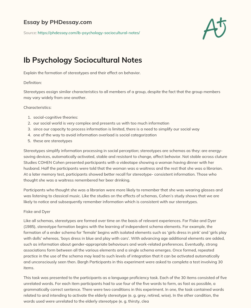 Ib Psychology Sociocultural Notes - PHDessay.com