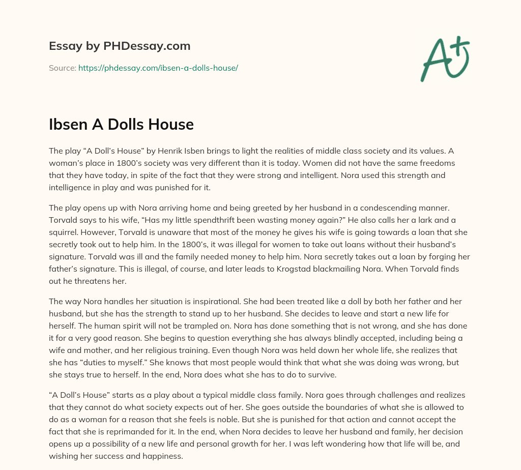Ibsen A Dolls House (400 Words) - PHDessay.com