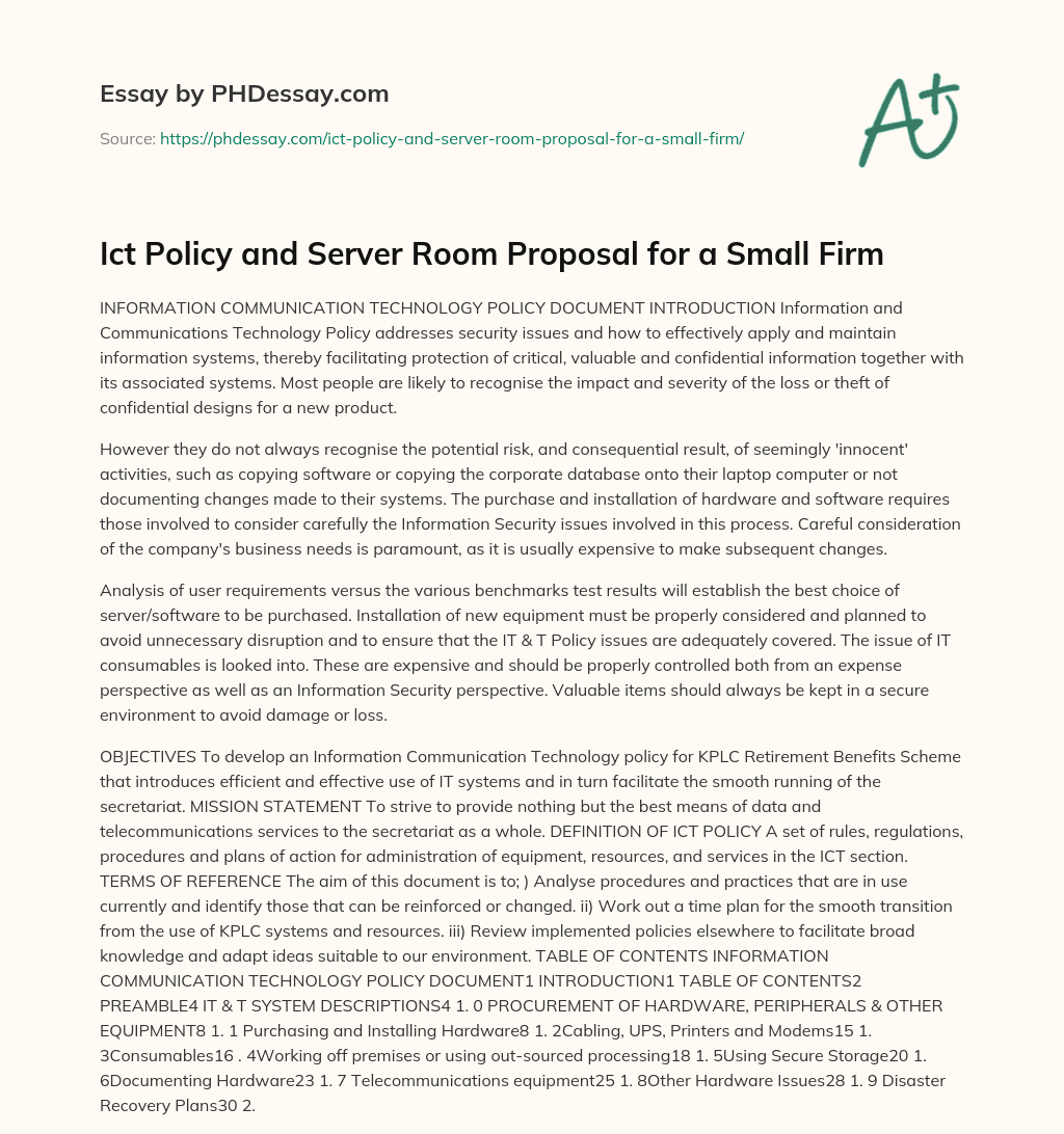 Ict Policy and Server Room Proposal for a Small Firm - PHDessay.com