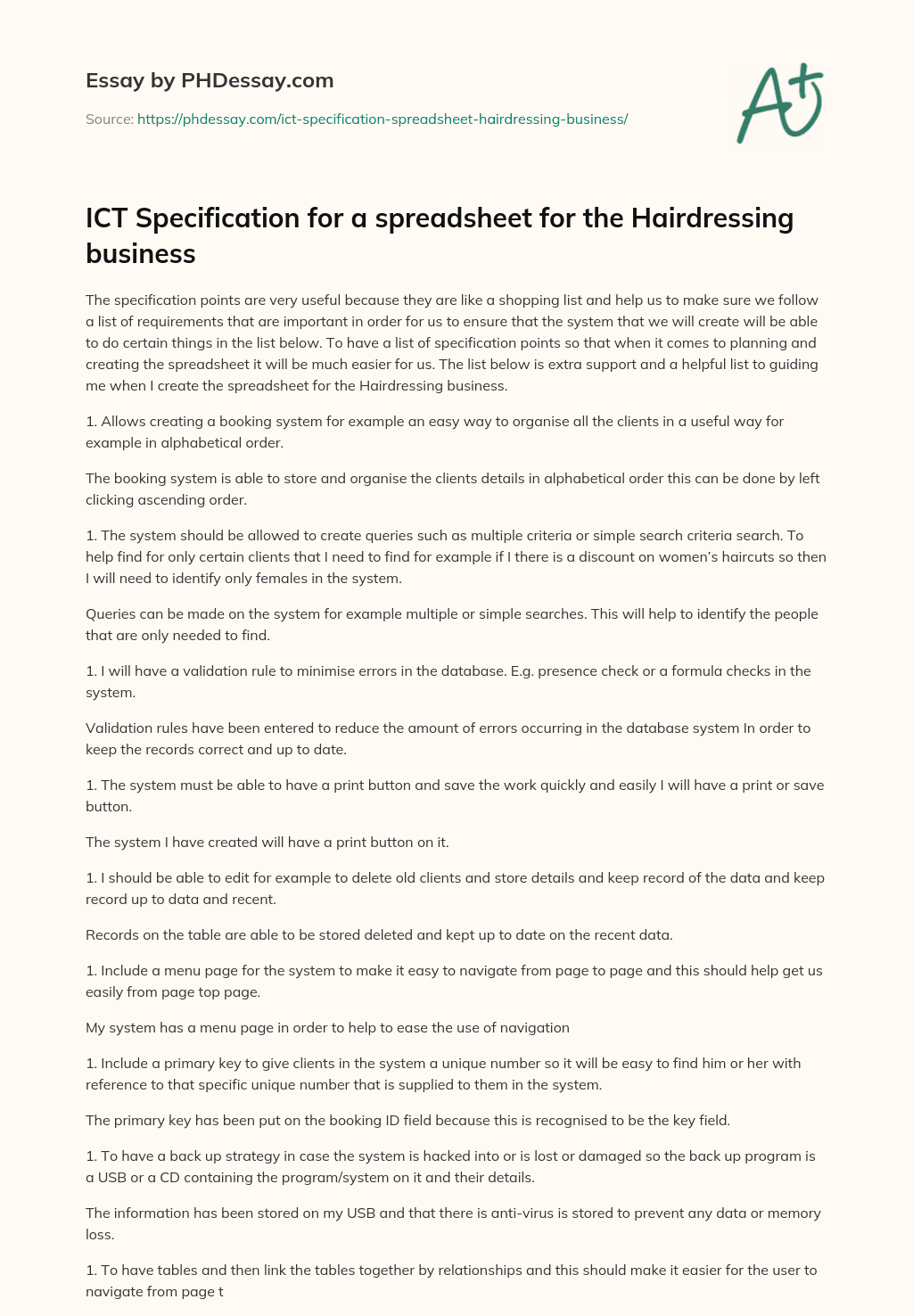 ICT Specification for a spreadsheet for the Hairdressing business ...