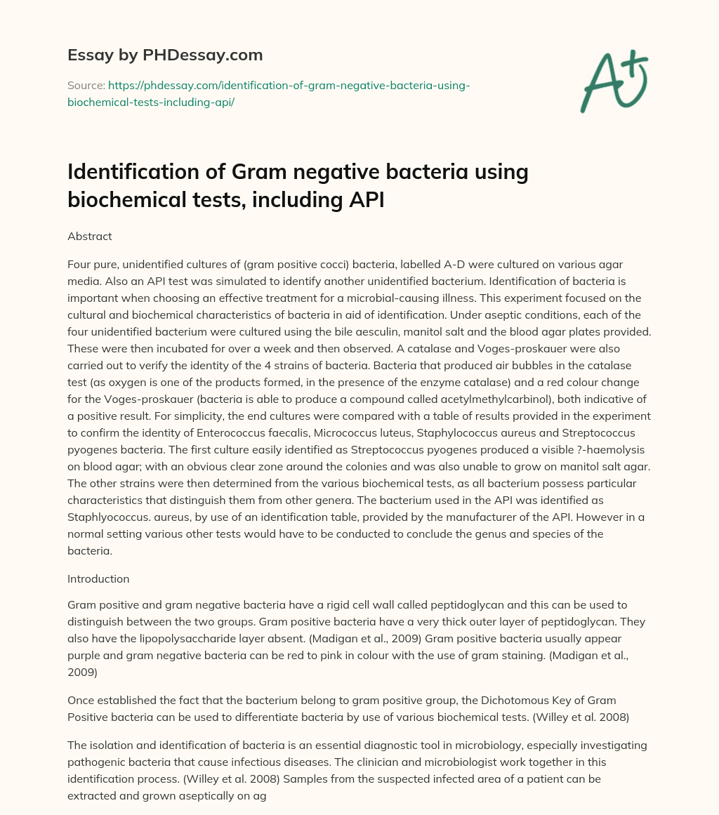 Identification of Gram negative bacteria using biochemical tests ...