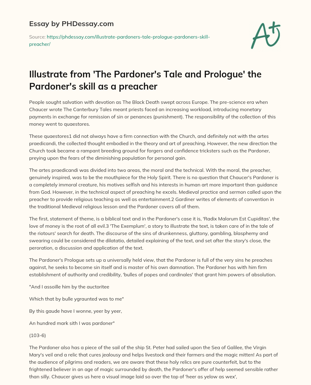 Illustrate from 'The Pardoner's Tale and Prologue' the Pardoner's skill ...