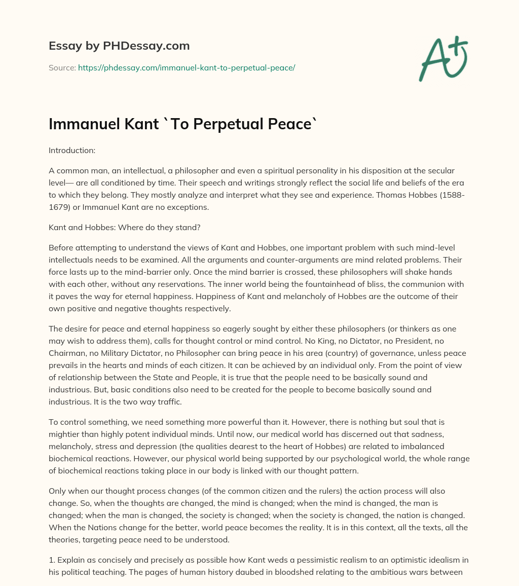 Immanuel Kant `To Perpetual Peace` - PHDessay.com