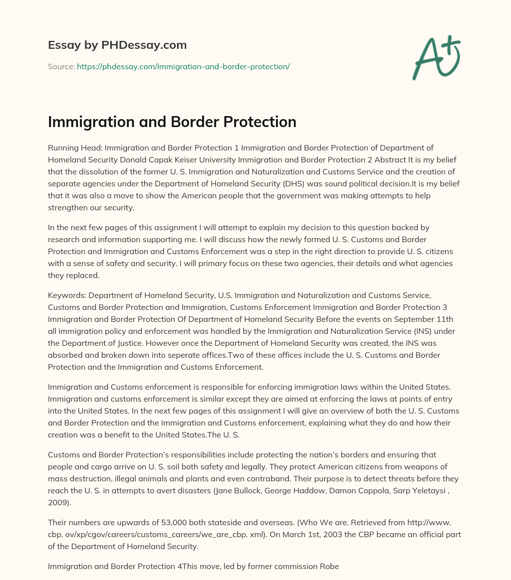 Immigration and Border Protection - PHDessay.com