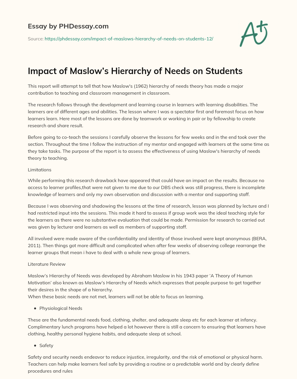 Impact of Maslow’s Hierarchy of Needs on Students - PHDessay.com