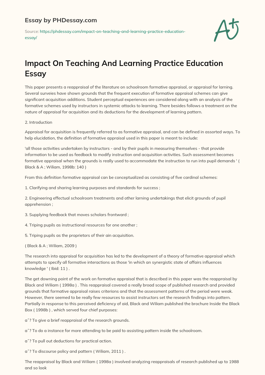 Impact On Teaching And Learning Practice Education Essay - PHDessay.com