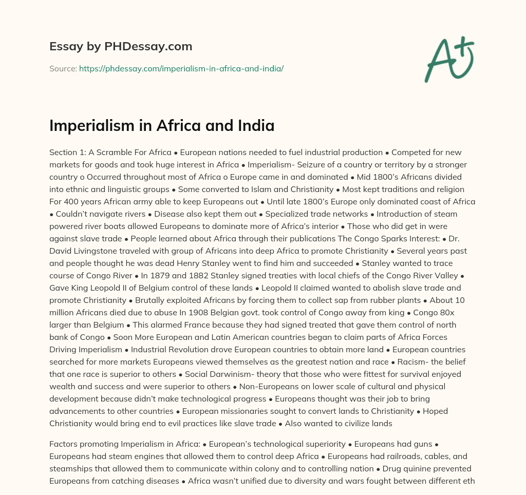 Imperialism in Africa and India - PHDessay.com