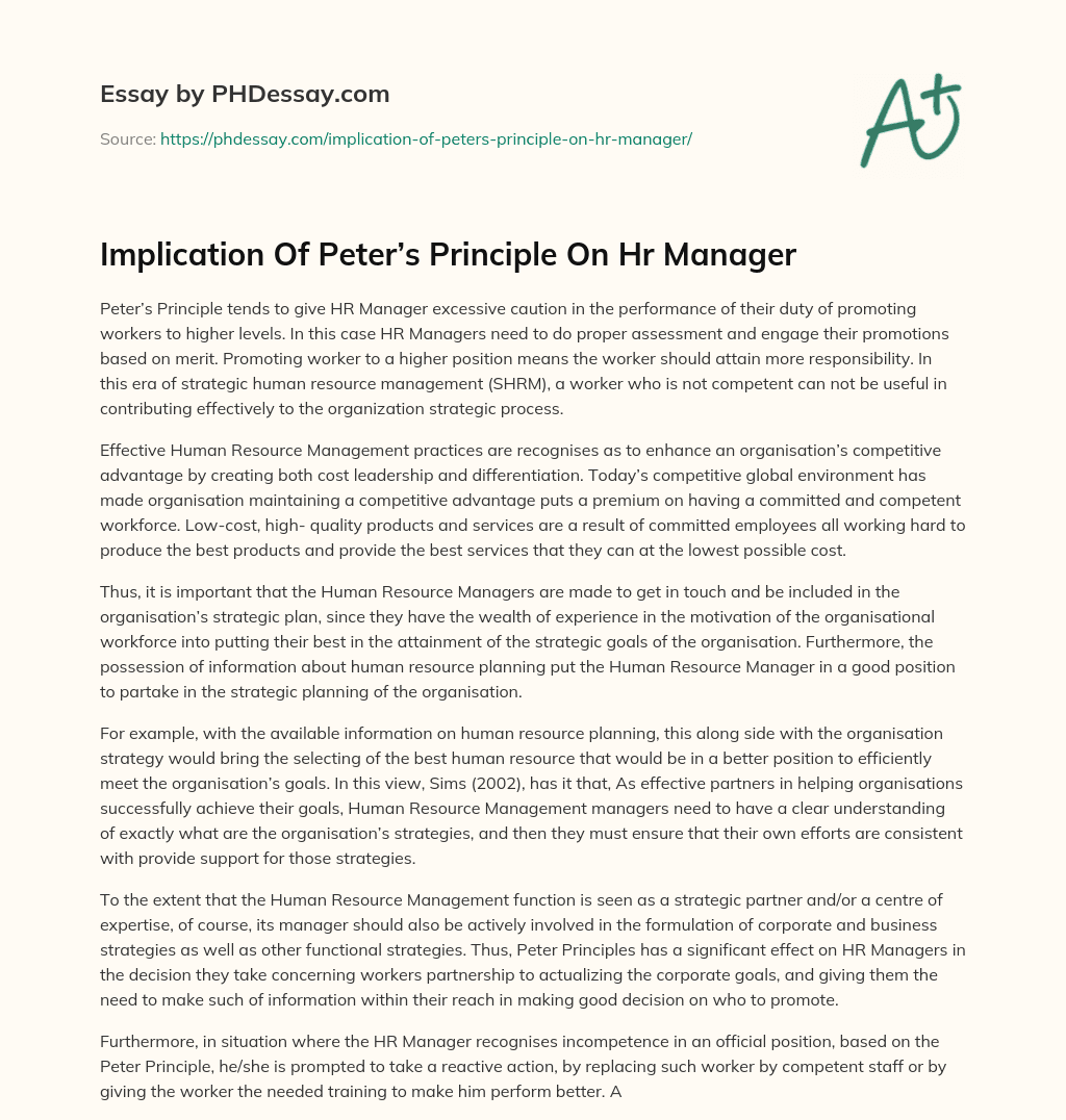 Implication Of Peter’s Principle On Hr Manager - PHDessay.com