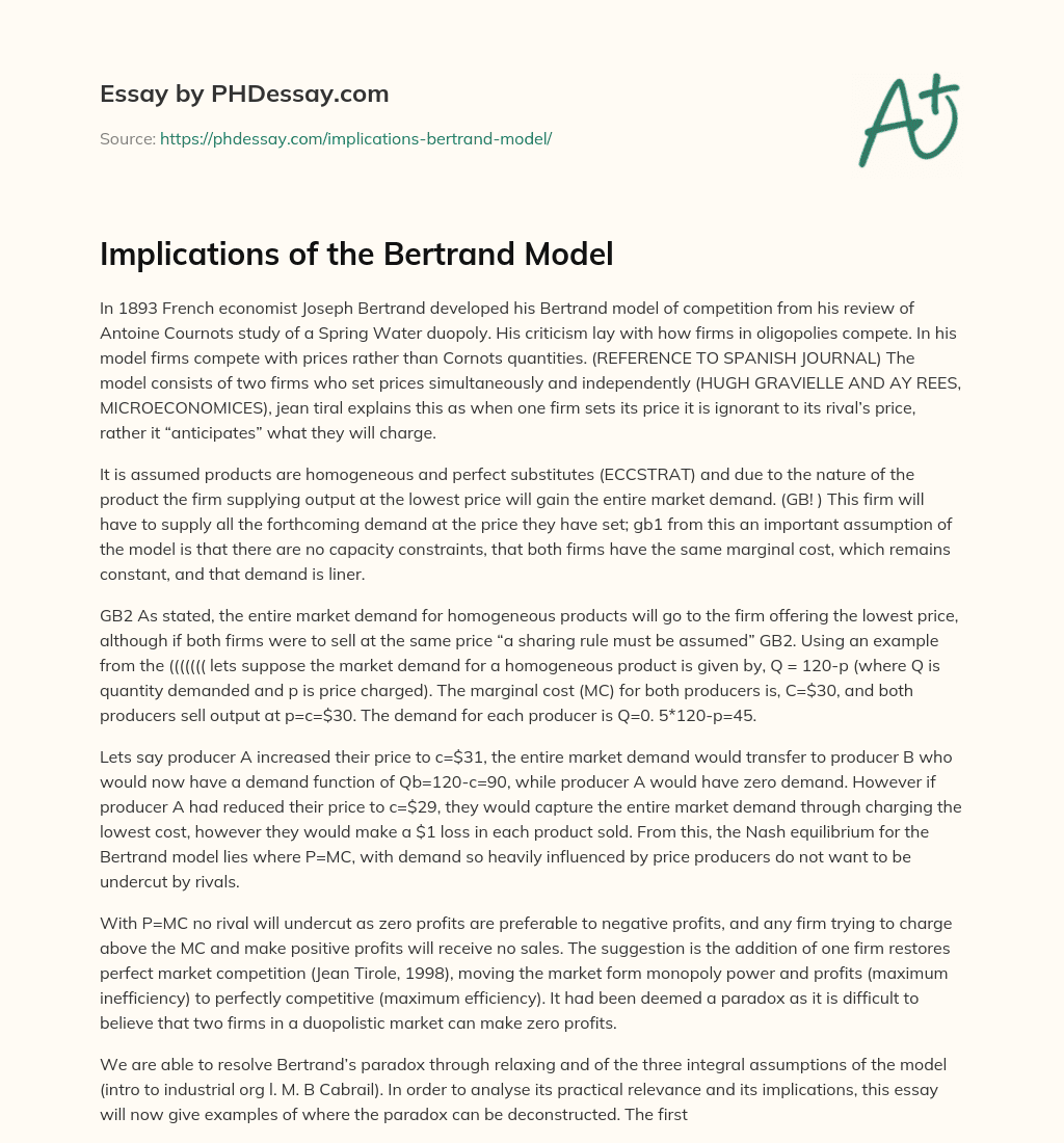 Implications of the Bertrand Model - PHDessay.com