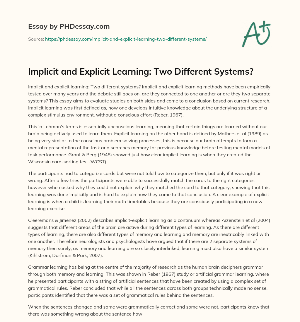 Implicit and Explicit Learning: Two Different Systems? - PHDessay.com