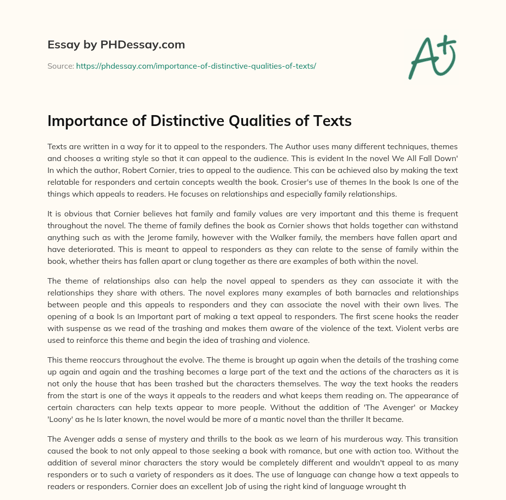 Importance Of Distinctive Qualities Of Texts Essay Example - PHDessay.com