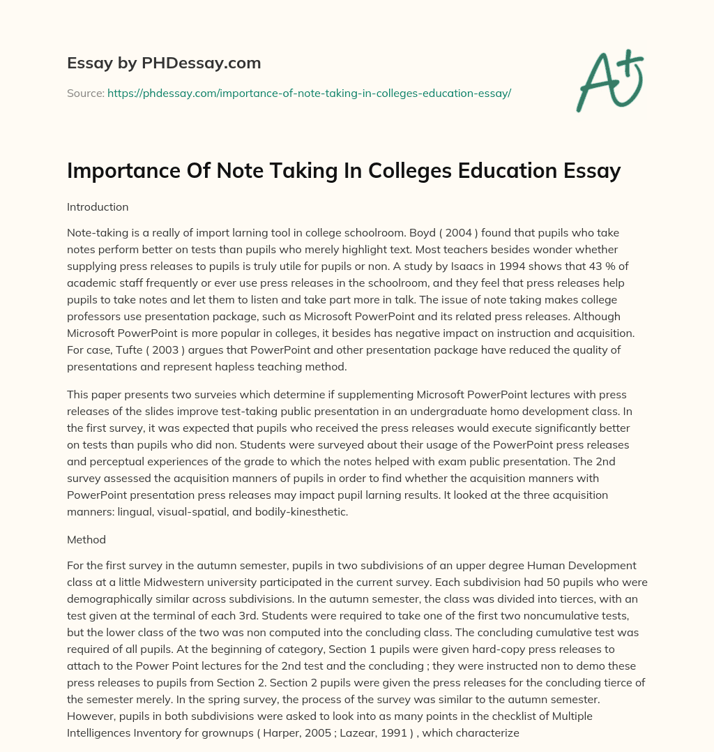 Importance Of Note Taking In Colleges Education Essay - PHDessay.com