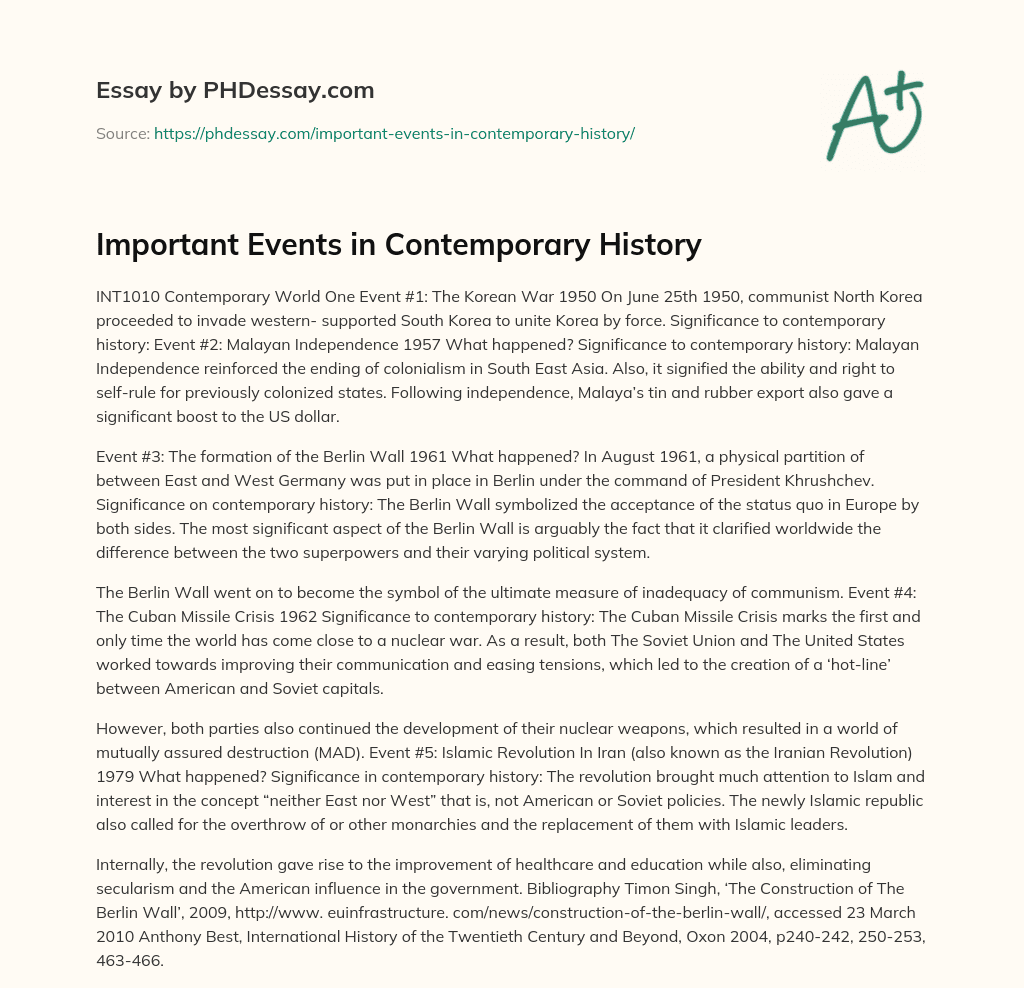 Important Events in Contemporary History (400 Words) - PHDessay.com