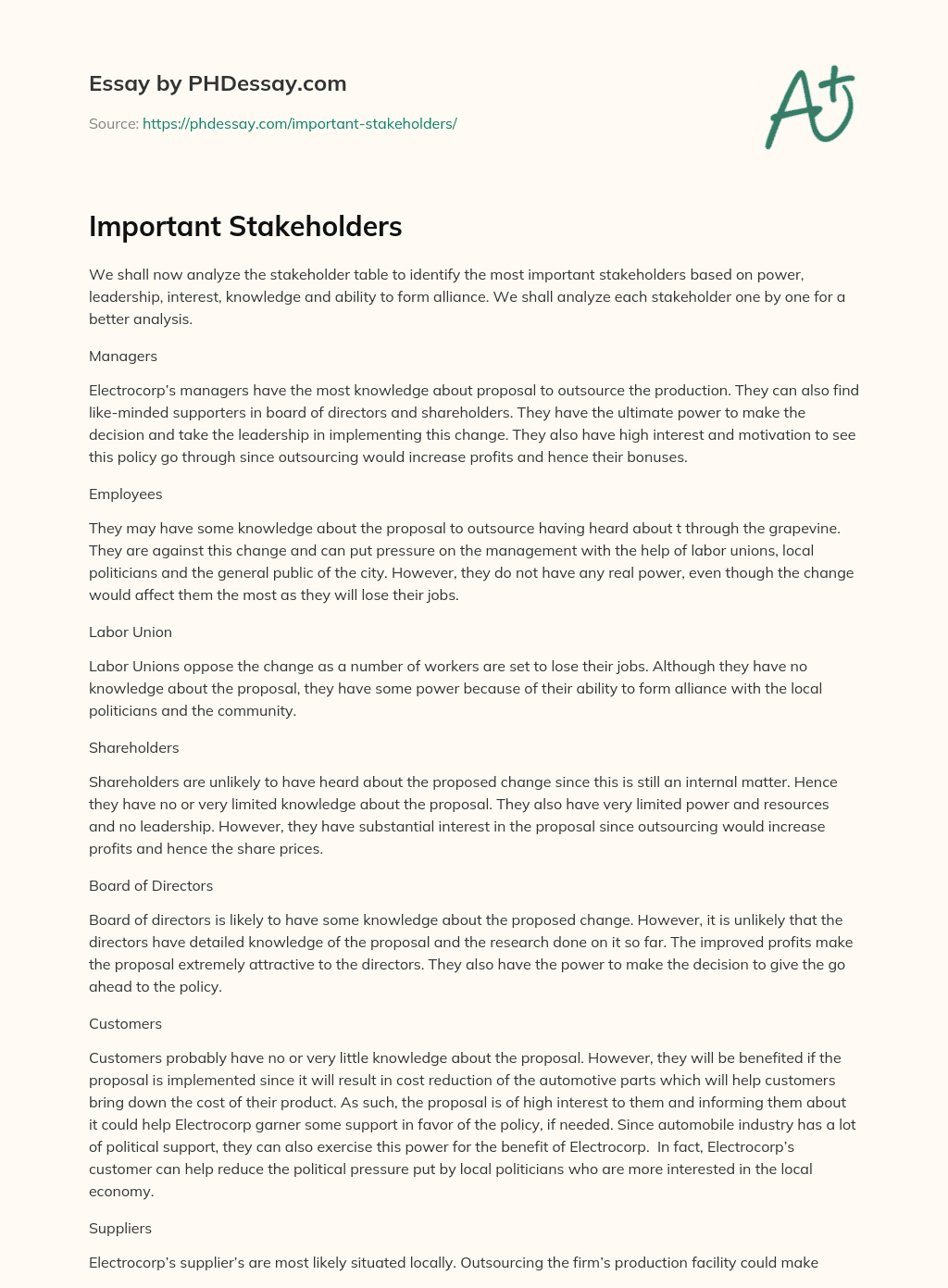 Important Stakeholders - PHDessay.com