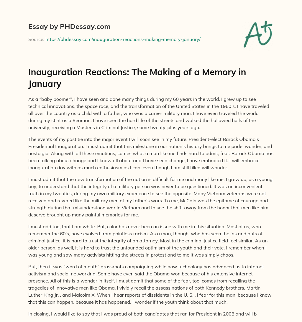 Inauguration Reactions: The Making of a Memory in January - PHDessay.com