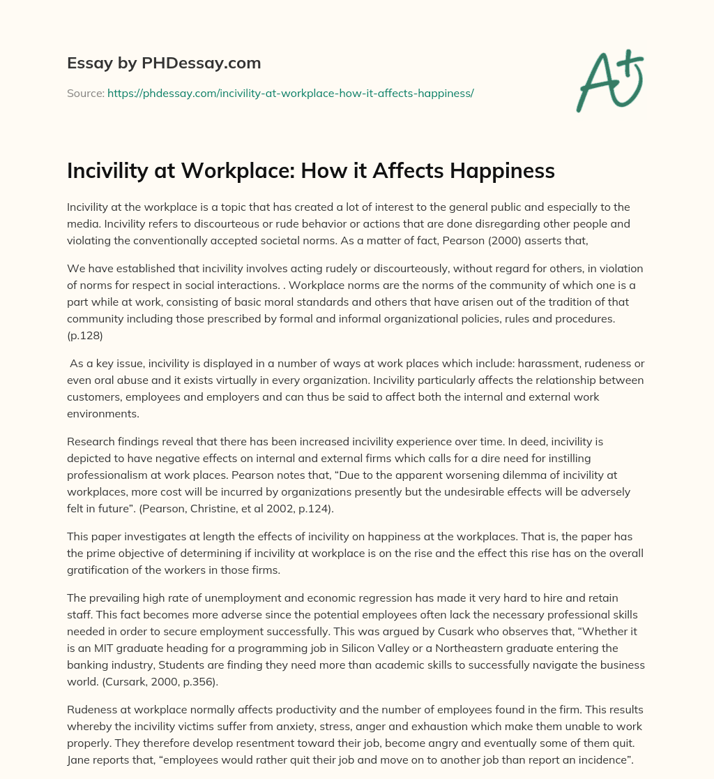 Incivility At Workplace: How It Affects Happiness Essay Example ...