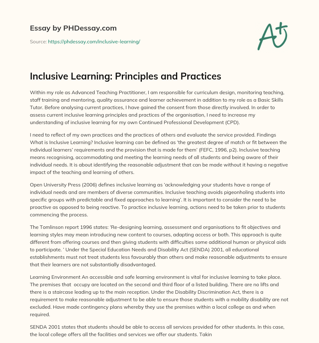 Inclusive Learning: Principles and Practices - PHDessay.com