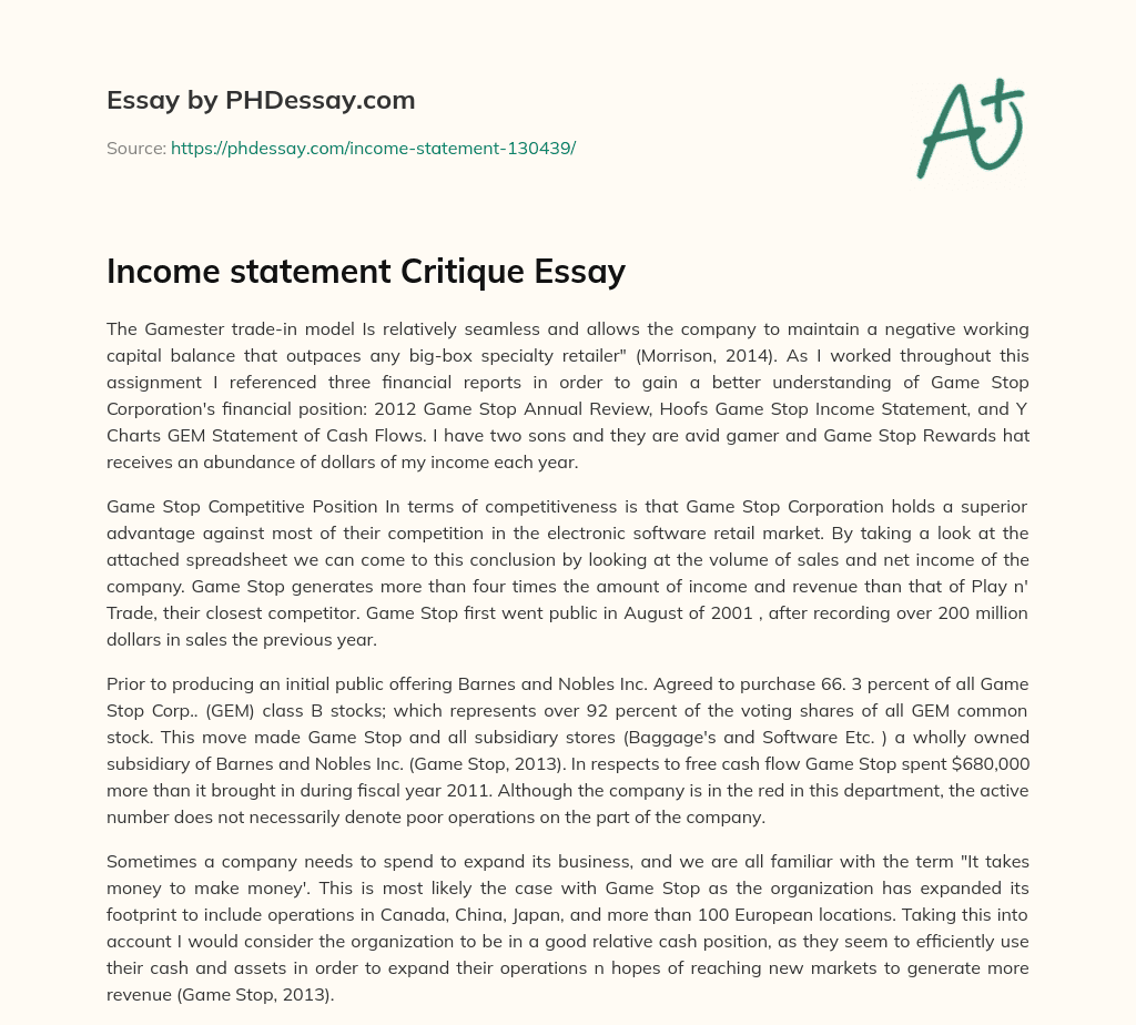 Income statement Critique Essay (400 Words) - PHDessay.com