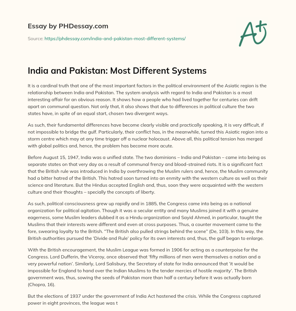 India and Pakistan: Most Different Systems - PHDessay.com