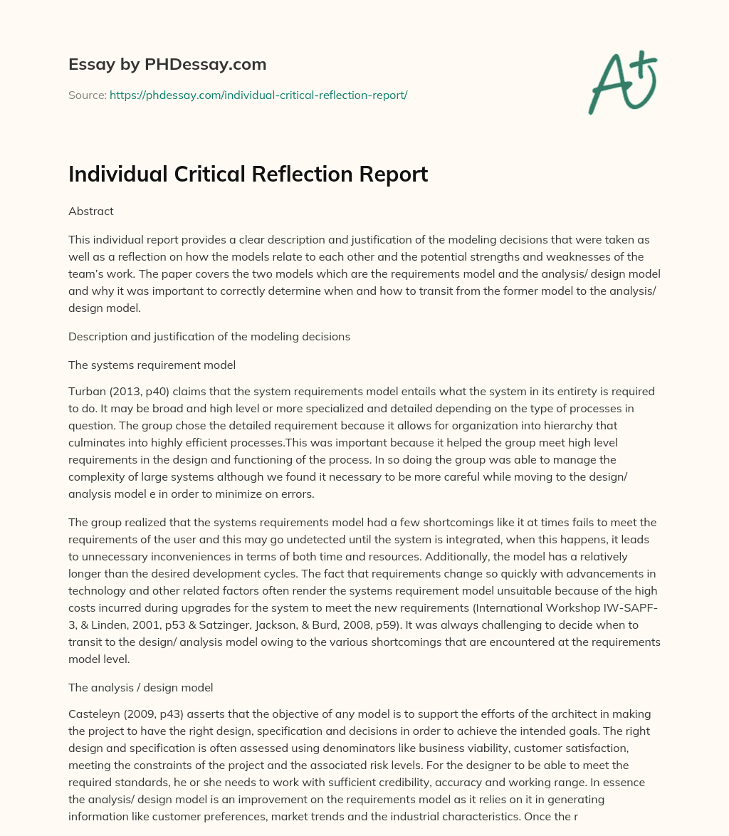 Individual Critical Reflection Report - PHDessay.com