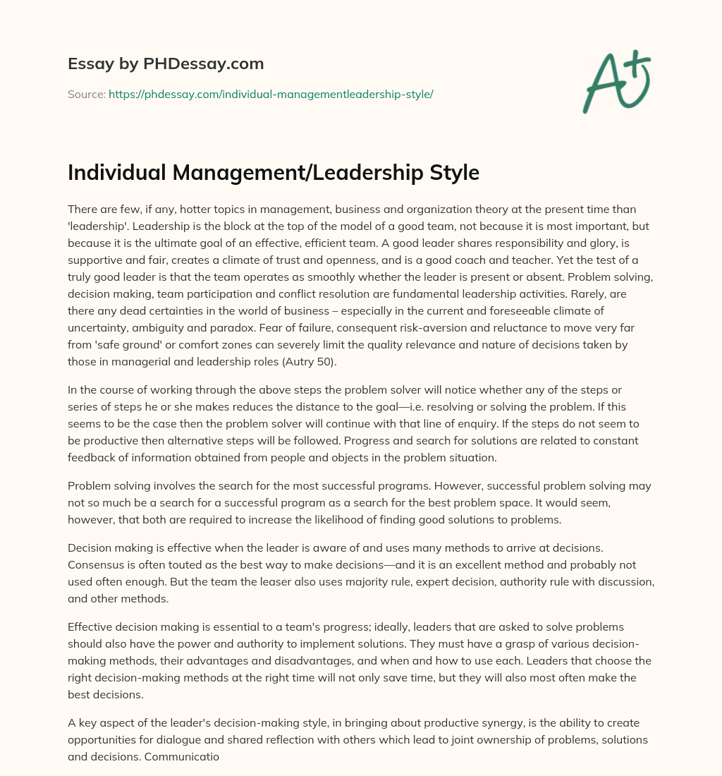 Individual Management/Leadership Style - PHDessay.com
