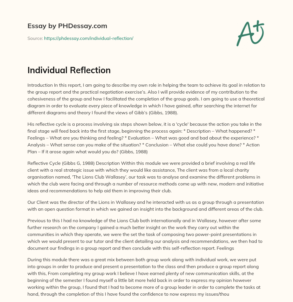 Individual Reflection - PHDessay.com