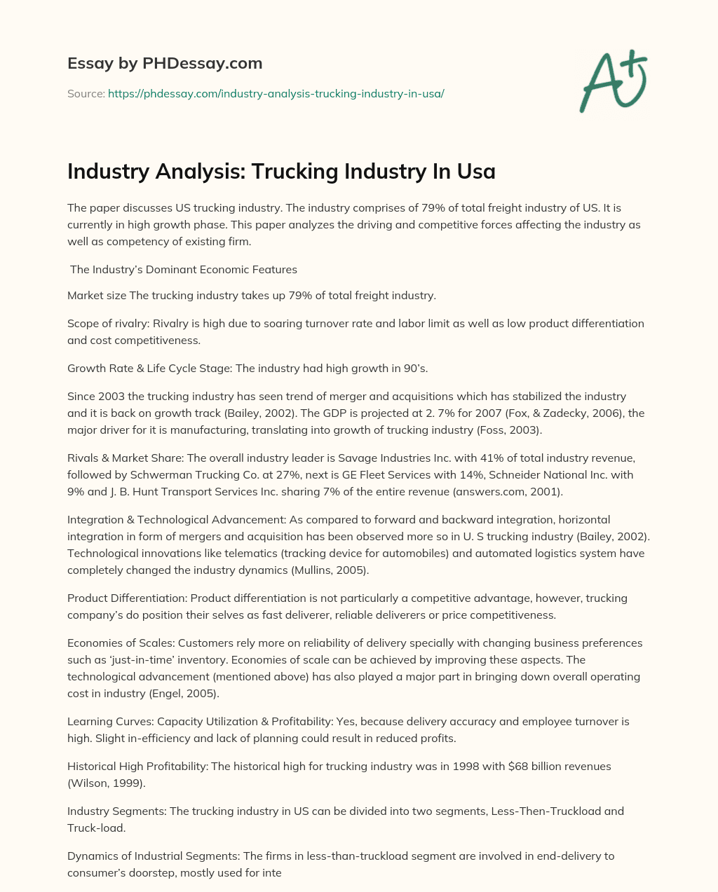 Industry Analysis: Trucking Industry In Usa - PHDessay.com