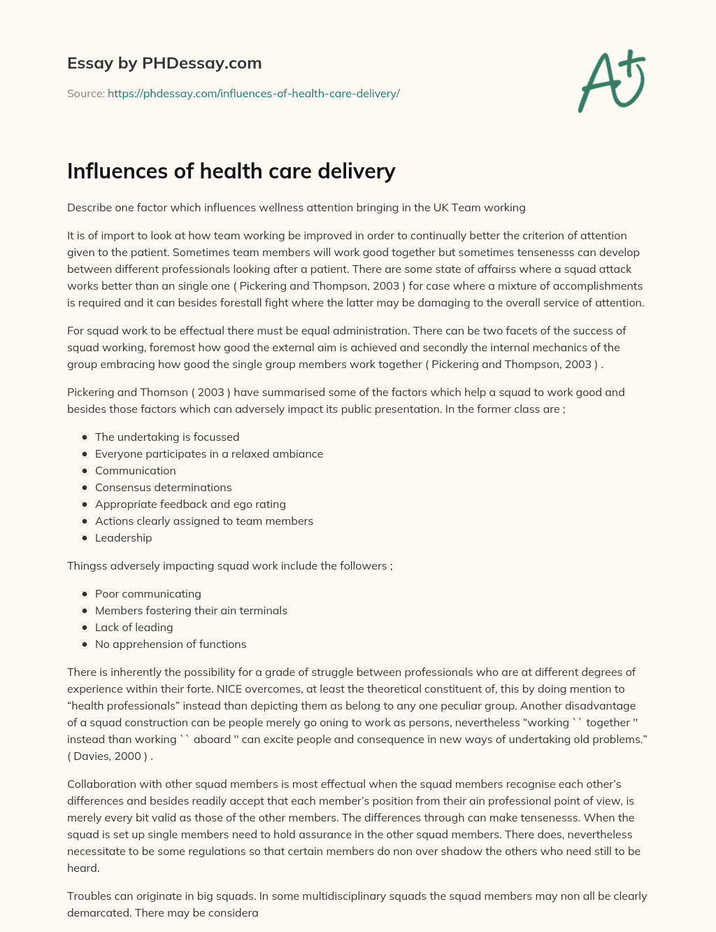 Influences of health care delivery - PHDessay.com