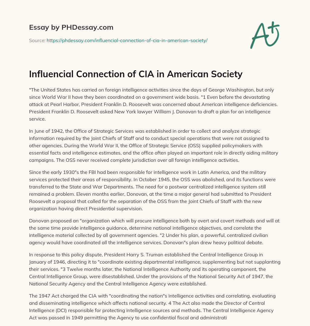 Influencial Connection of CIA in American Society - PHDessay.com