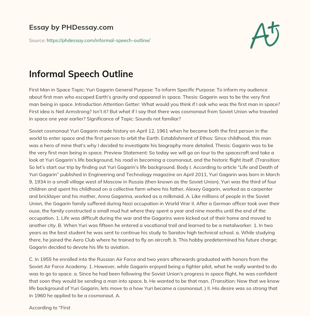 Informal Speech Outline Essay Example PHDessay