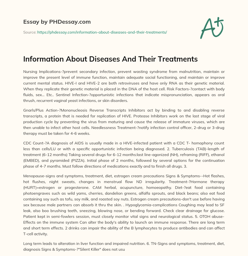Information About Diseases And Their Treatments - PHDessay.com