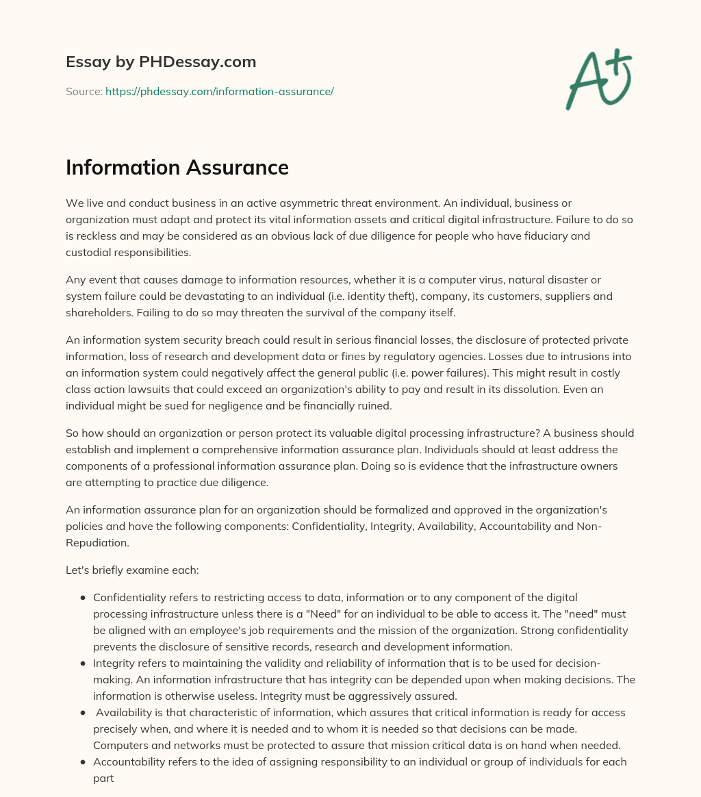 Information Assurance (500 Words) - PHDessay.com