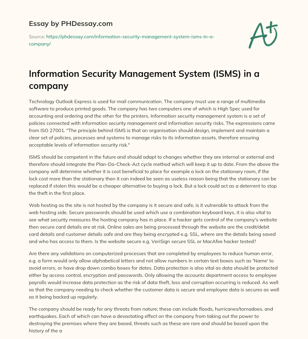 Information Security Management System (ISMS) in a company - PHDessay.com
