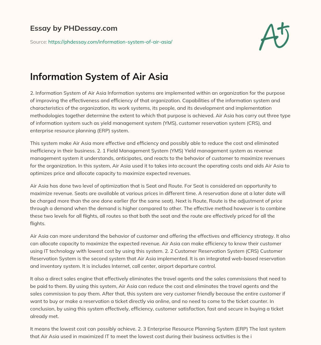 Information System of Air Asia (600 Words) - PHDessay.com