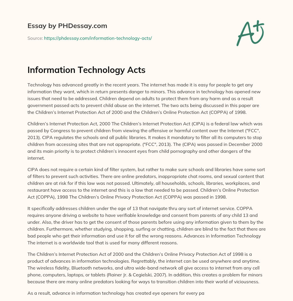 Information Technology Acts (600 Words) - PHDessay.com