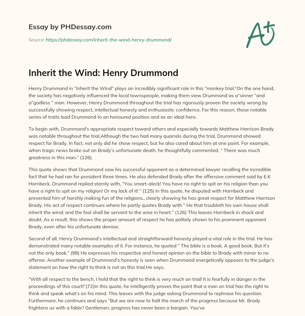 Inherit The Wind: Henry Drummond Essay Example - PHDessay.com