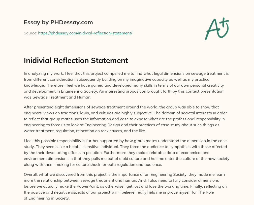Inidivial Reflection Statement (300 Words) - PHDessay.com
