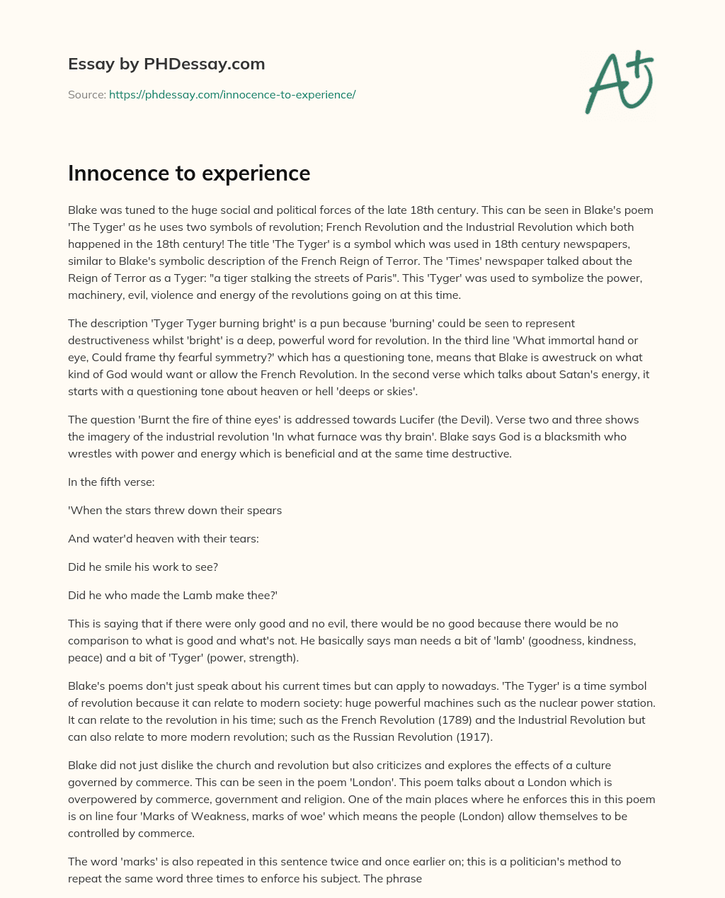 Innocence to experience - PHDessay.com