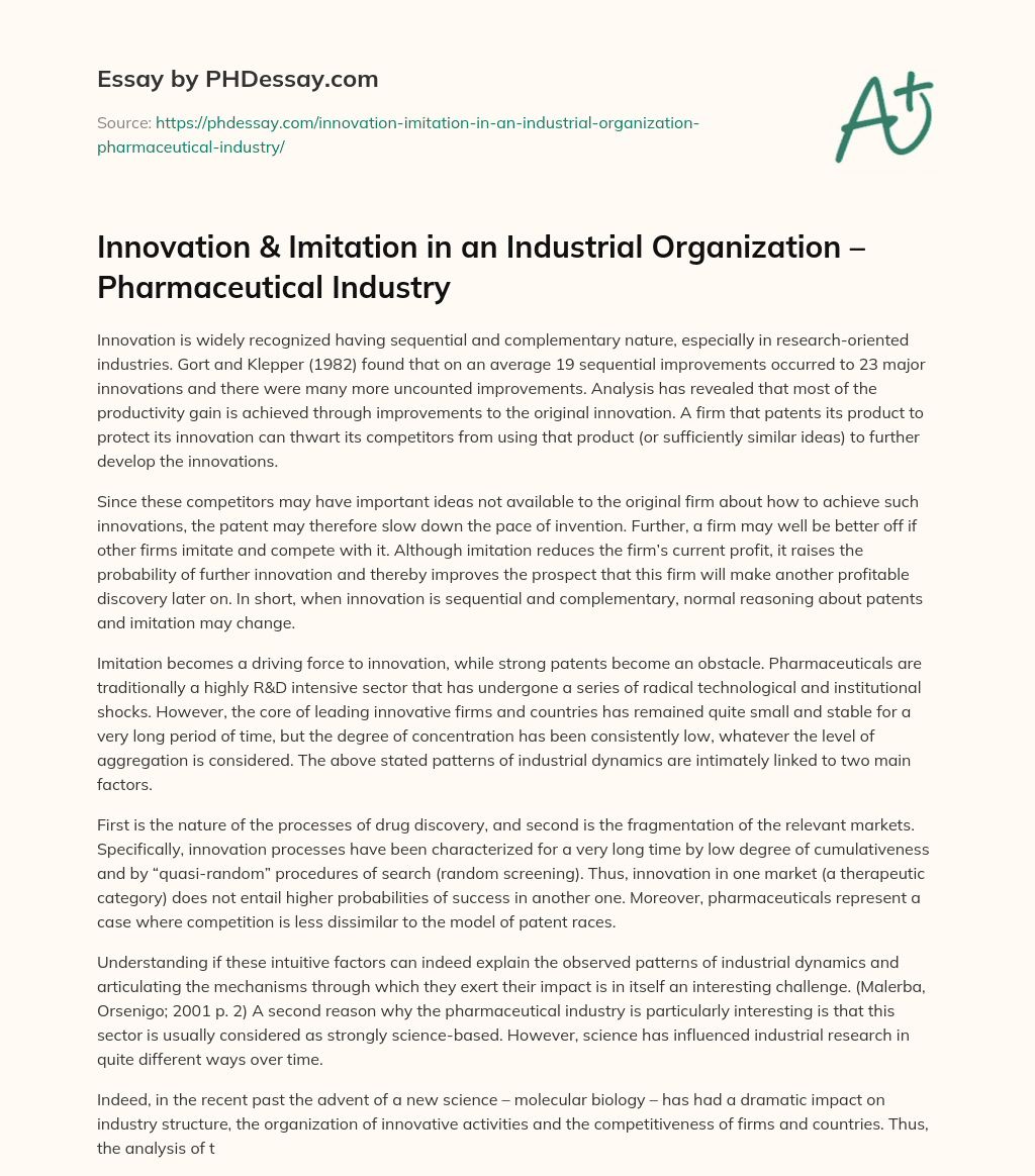 Innovation & Imitation in an Industrial Organization – Pharmaceutical ...
