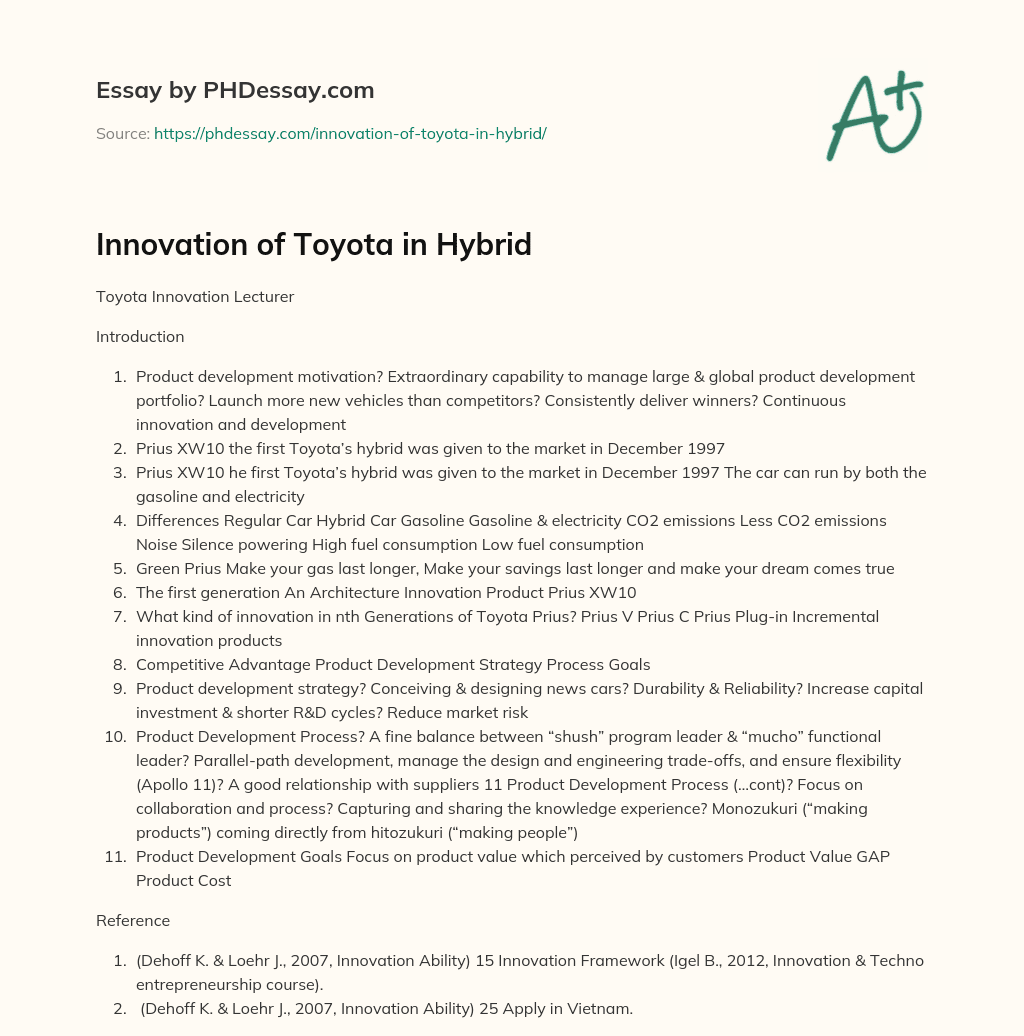 Innovation of Toyota in Hybrid (300 Words) - PHDessay.com