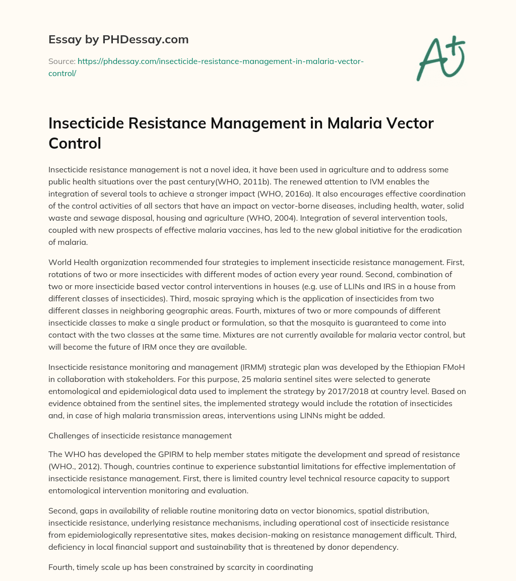 Insecticide Resistance Management in Malaria Vector Control - PHDessay.com