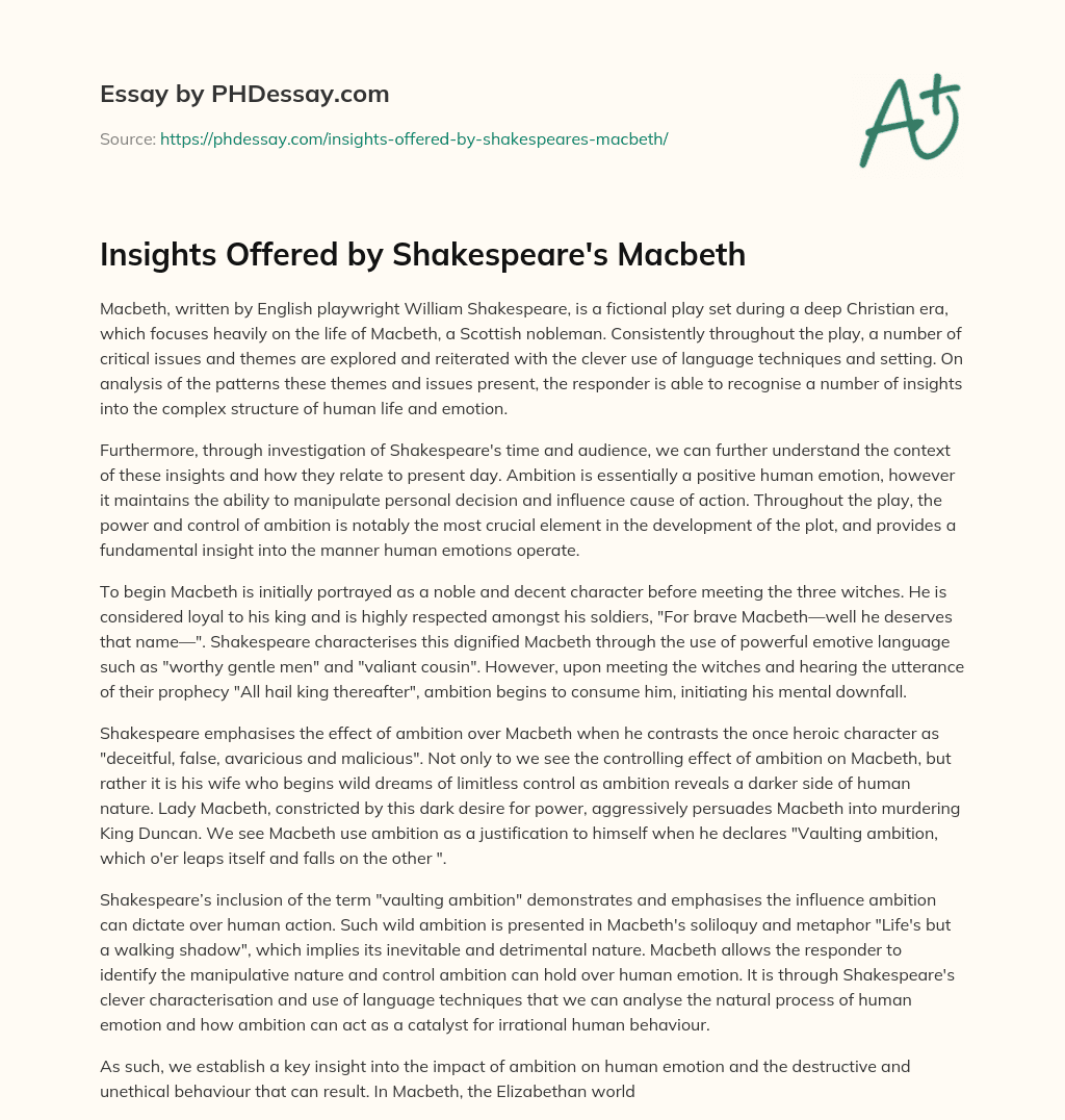 Insights Offered by Shakespeare's Macbeth - PHDessay.com