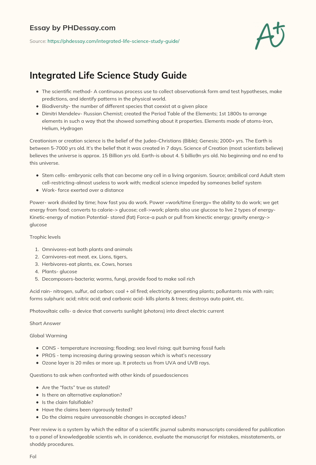 Integrated Life Science Study Guide (500 Words) - PHDessay.com