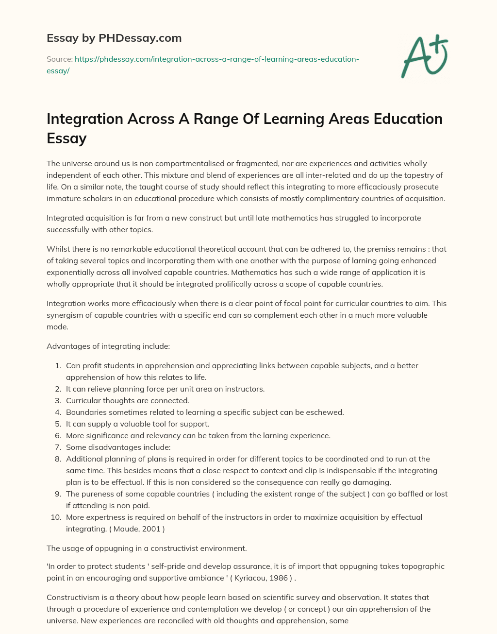 Integration Across A Range Of Learning Areas Education Essay - PHDessay.com