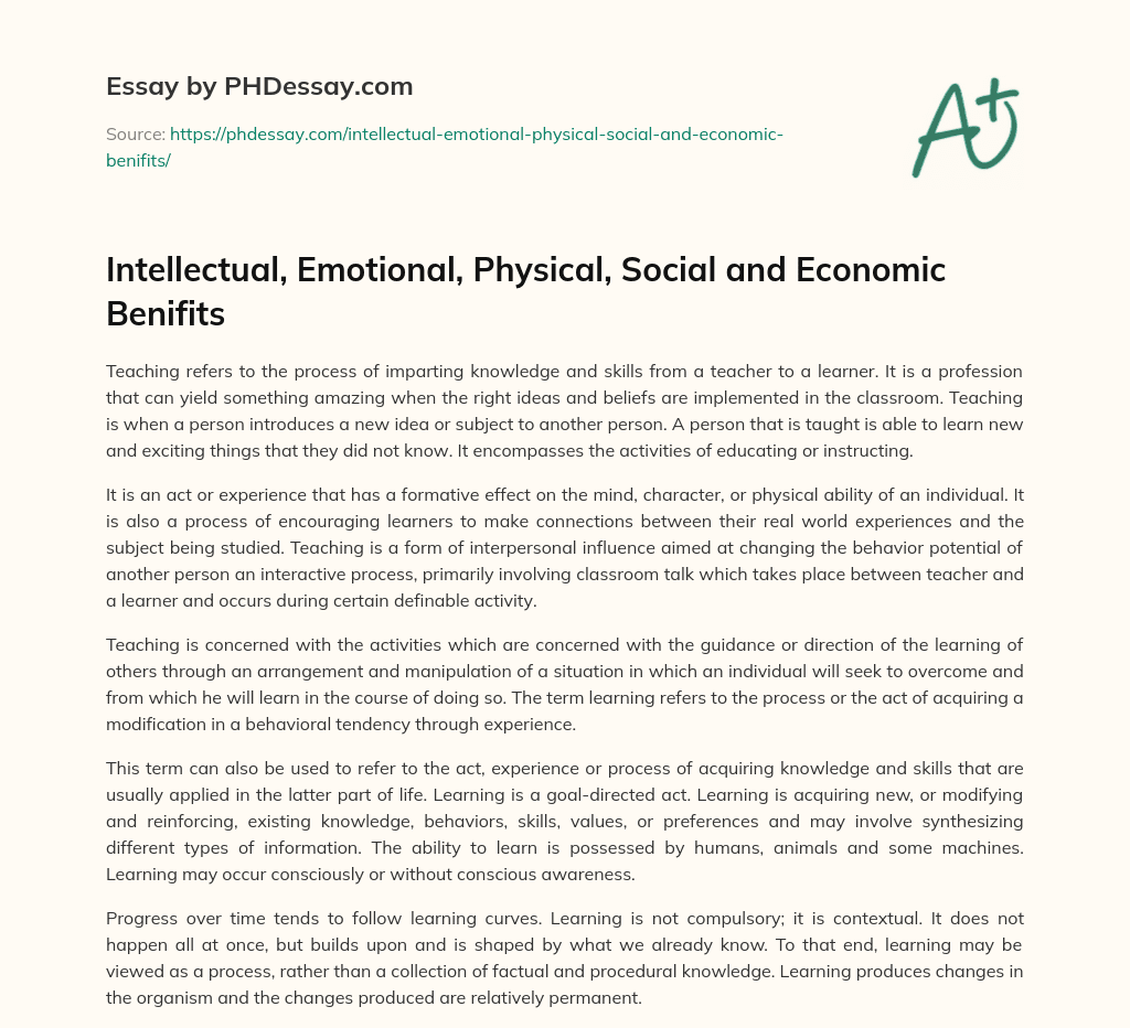Intellectual, Emotional, Physical, Social and Economic Benifits (400 ...